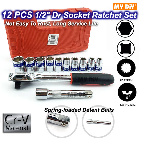 MYDIYHOMEDEPOT - SADAGOOD 12pcs 1/2" Dr Socket Ratchet Socket Set 6P ...