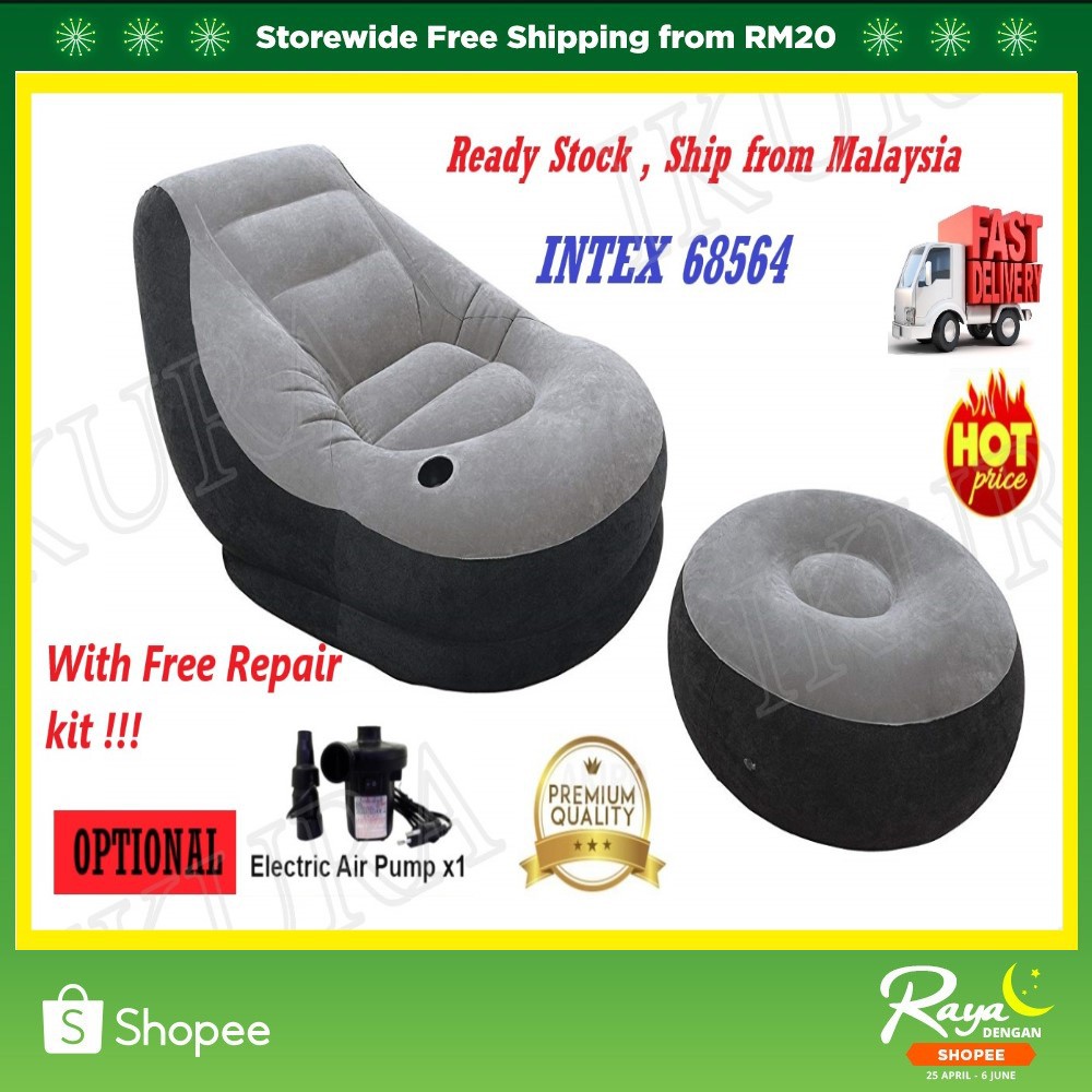 INTEX 68564 Inflatable Relaxing Single Seat Air Sofa + Foot Rest Lounge ...