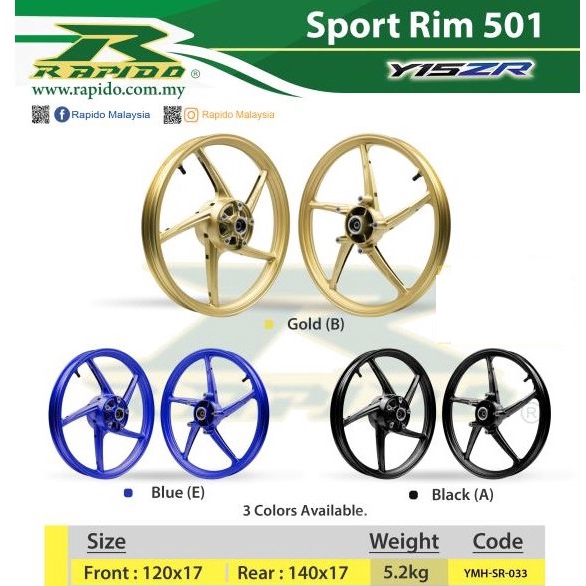 SPEACIAL SAIZ -RAPIDO Y15 ZR 501 SPORT RIM (120/140- 17INCH LIMITED ...