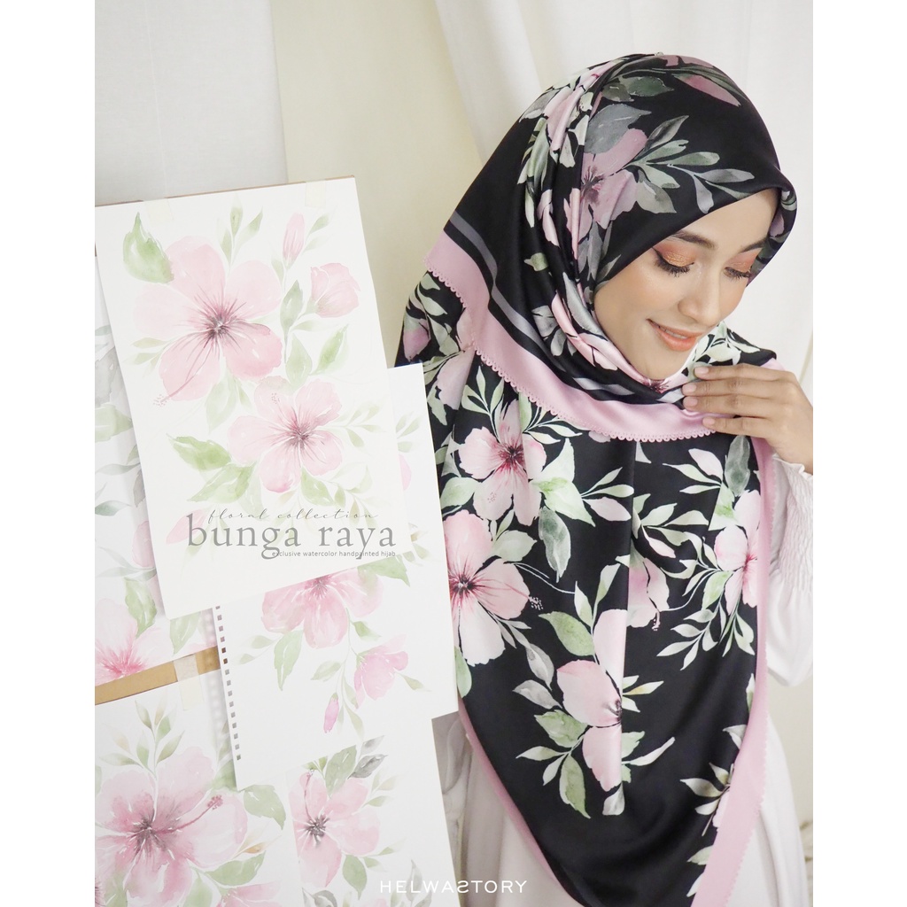 Tudung Printed Bawal Empat Segi Bidang 50, Watercolor+Digital Design ...