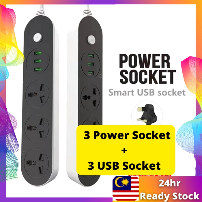 3+3 Power Socket with USB Plug Extension Soket Port Output 3.4A UK ...