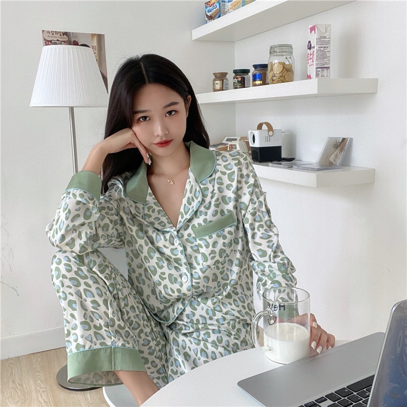 Baju Tidur Silk Leopard Print Cardigan Homewear Pyjamas Women Silk ...