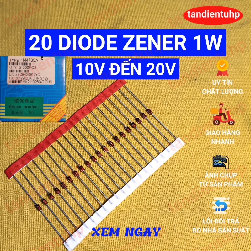 20 Zener diodes 1W pin type voltage regulator diode DO-41 value: 1N4740A 10V,1N4742A 12V,1N4744A ...
