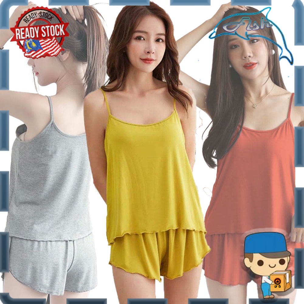 🐬Fish🐬Women Cotton Suspender Shorts Set Nightwear Sleepwear Seluar ...