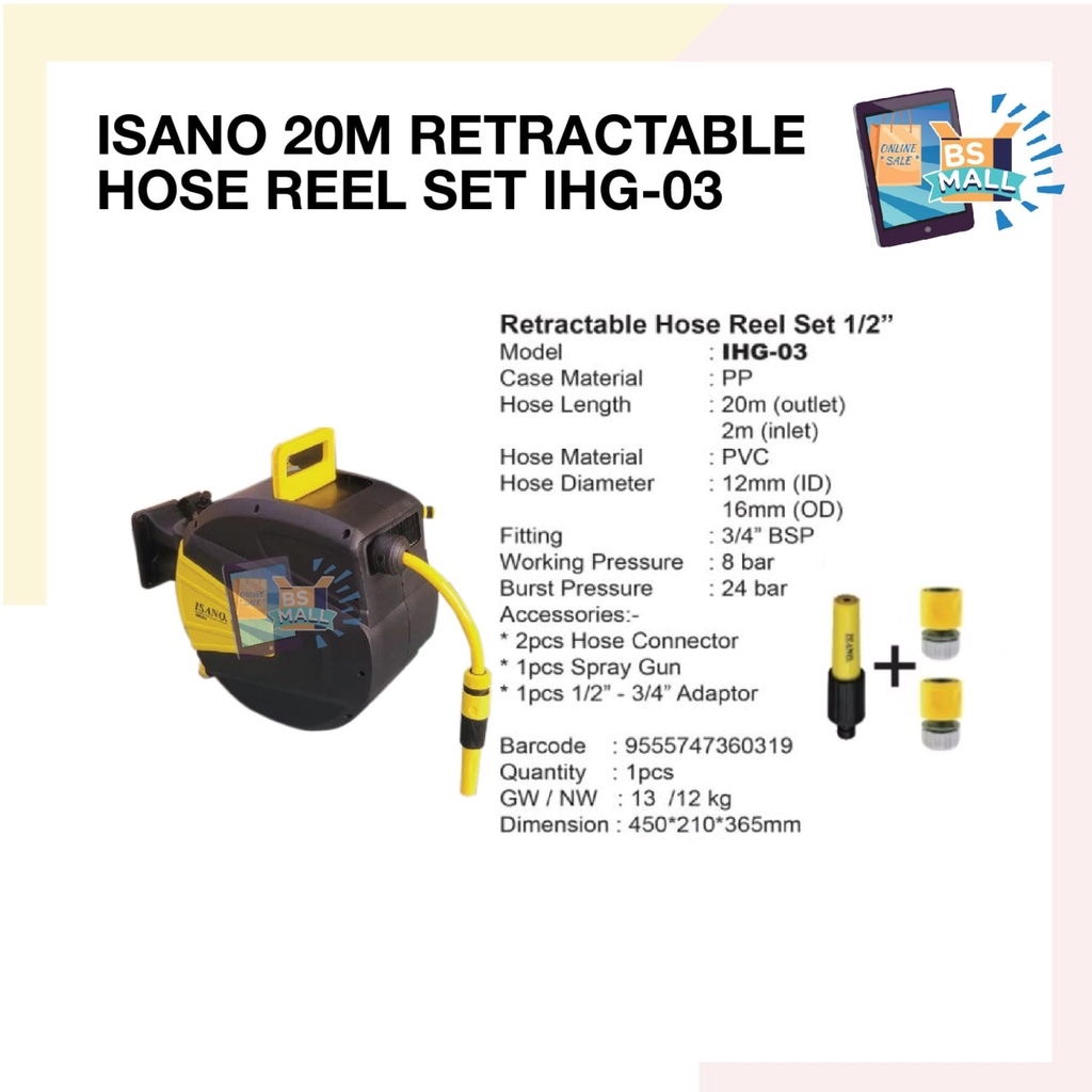 ISANO 10M & 20M Wall Mounted Automatic AUTO REWIND Garden Hose Reel ...