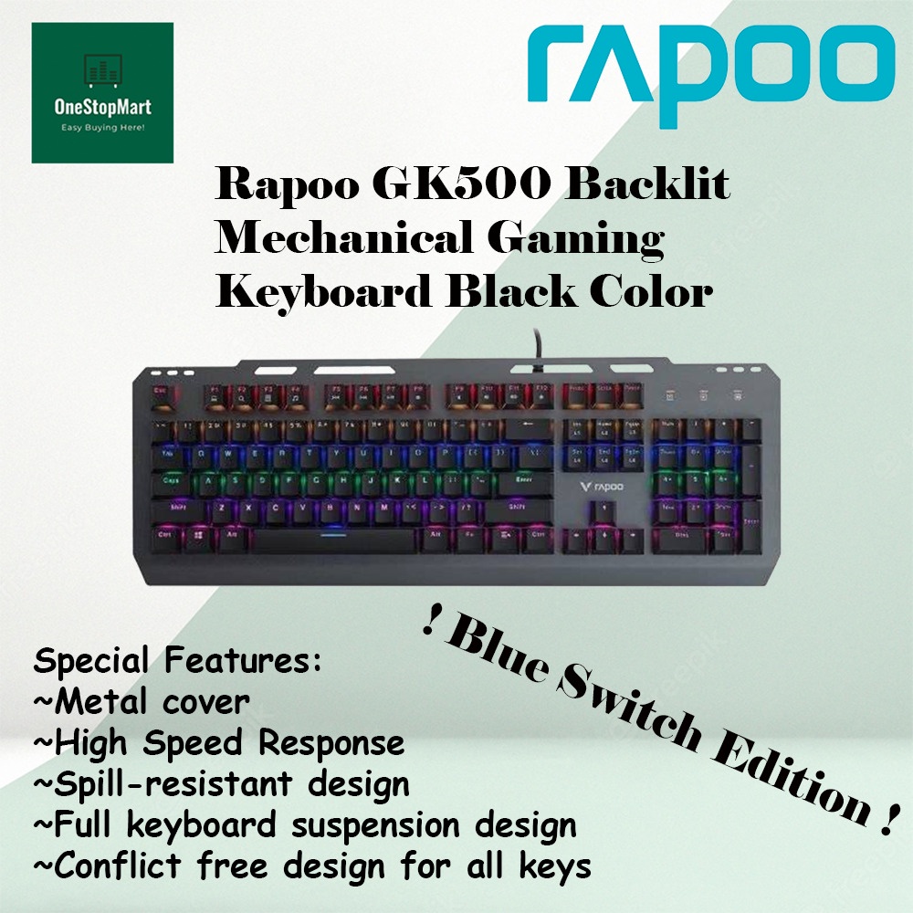 RAPOO GK500 Backlit Mechanical Gaming Keyboard US Black Color/RAPOO GAMING KEYBOARD/ BLUE SWITCH ...