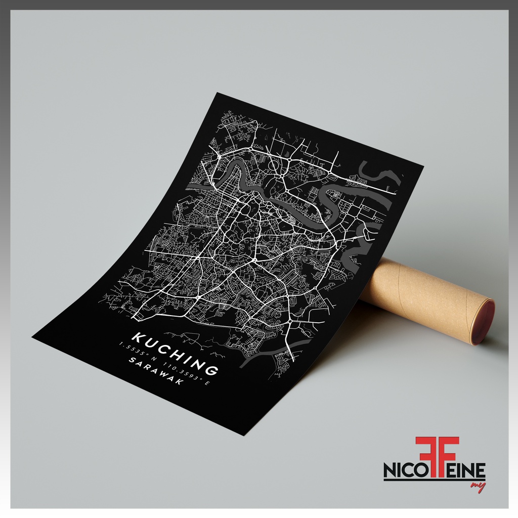 [Poster Only] Kuching Sarawak Minimal Map Art Black Background Travel ...