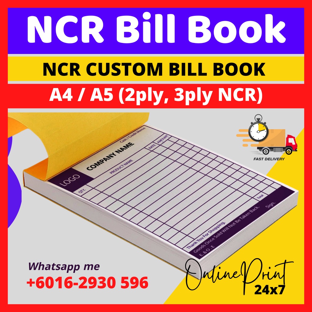 NCR Custom Bill Book A4 / A5 (2ply, 3ply) Customize Single Colour ...