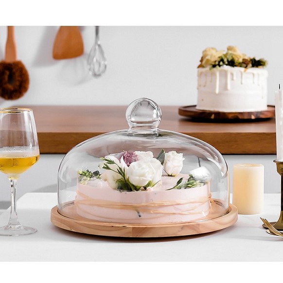 Rotating Wooden Cake Flat Tray With Glass Lid/Dessert Display Tray ...