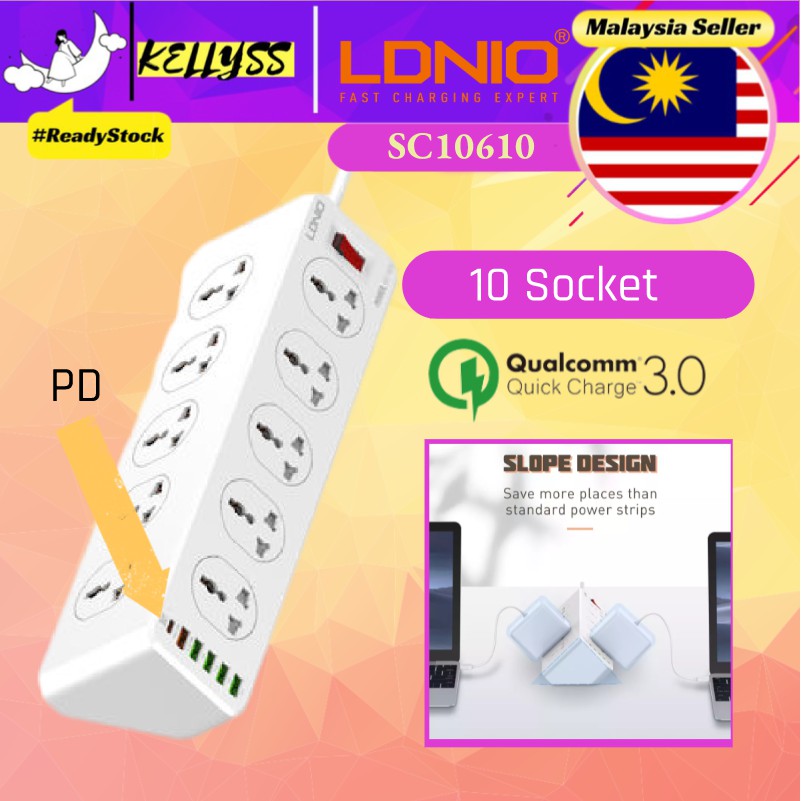 LDNIO SC10610 2500W 10 Sockets + Type-C PD + QC3.0 6 USB Ports Desktop ...