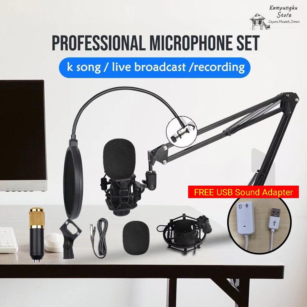 KL Ship Full Set BM-800 (FREE USB Sound Adaptor) BM800 Condenser Microphone Studio Recording ...