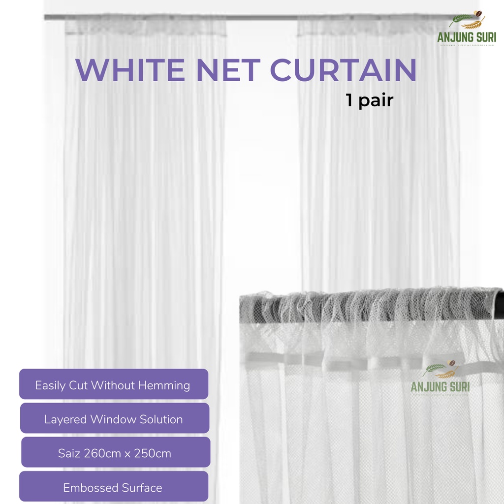 Net White Curtain 2 pcs per pack 260cm x 250cm Langsir Jarang Sheer ...