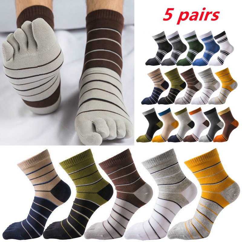5 Pairs Stripes Design Five Finger Socks Men's Middle Tube Cotton ...