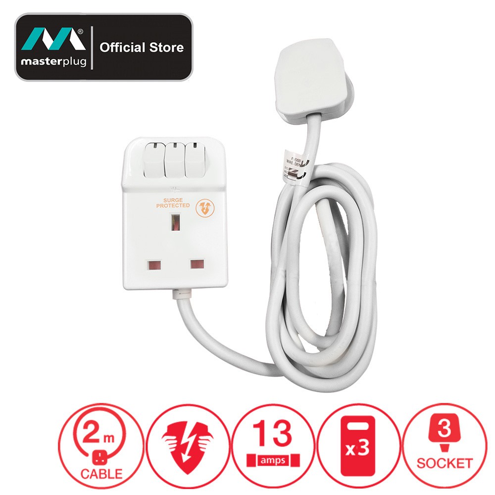 Masterplug Surge Protector 3 Gang 2 Meter 13Amp Switched Extension Lead ...