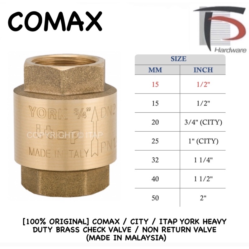 [100% ORIGINAL] COMAX / CITY / ITAP YORK HEAVY DUTY BRASS CHECK VALVE ...