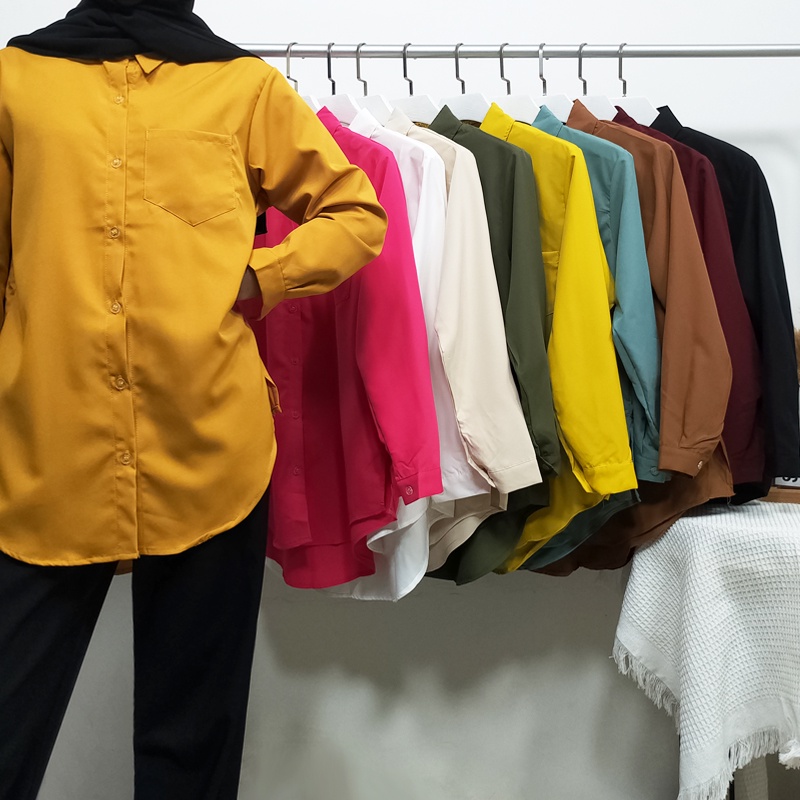 Muslimah Blouse Korean Solid Color Single Pocket Long Sleeve Loose ...