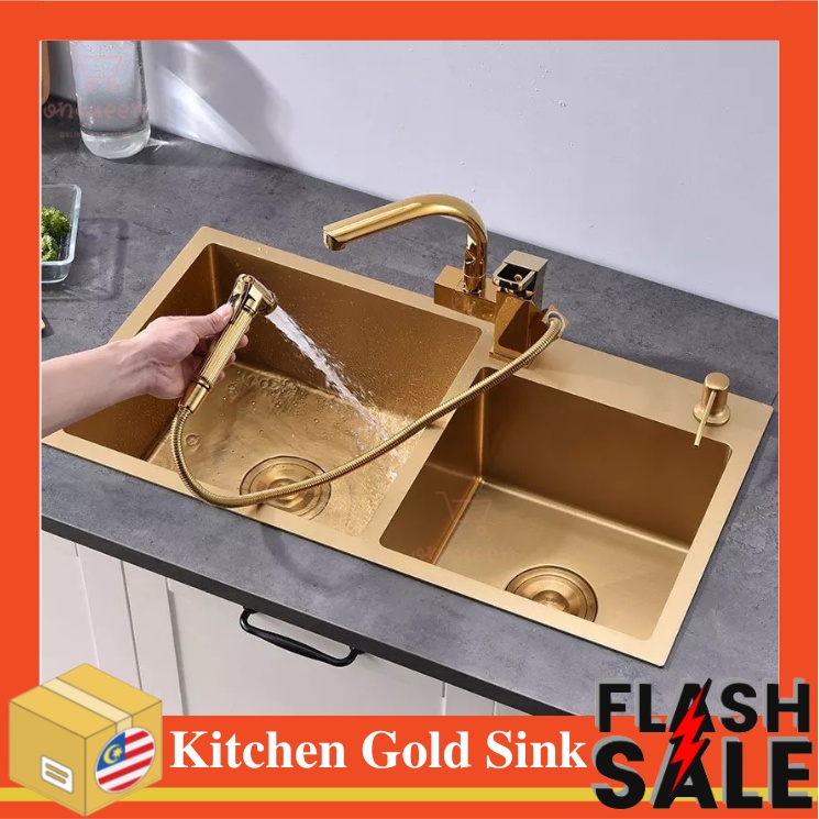 SUS304 Kitchen Sink Gold Premium Nano Sink Stainless Steel Under/Top ...