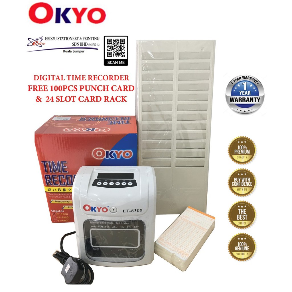 OKYO ET-6300 TIME RECORDER (DIGITAL DISPLAY) FREE RACK & TIME CARD (100 ...
