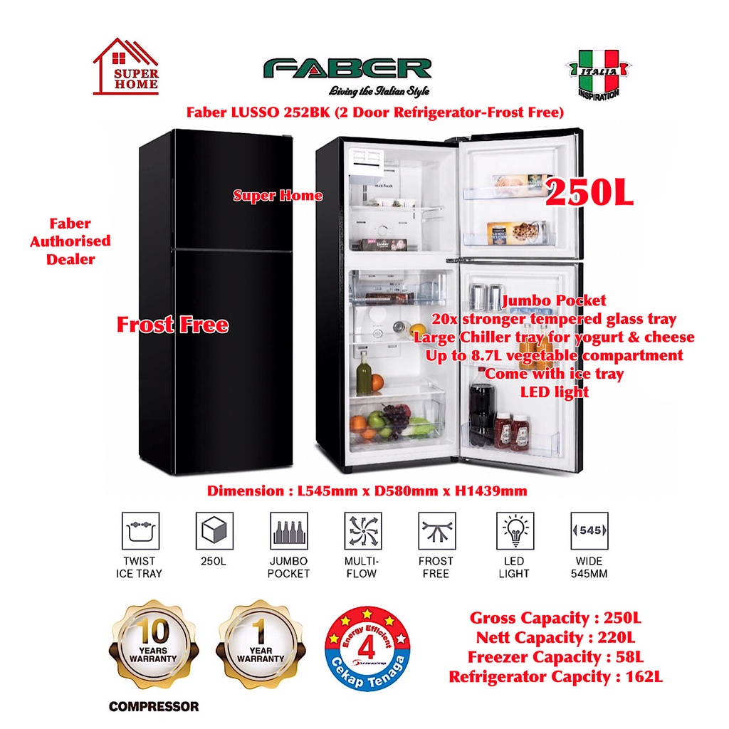 Faber Refrigerator LUSSO 252BK 250L 2 Door Fridge | Shopee Malaysia