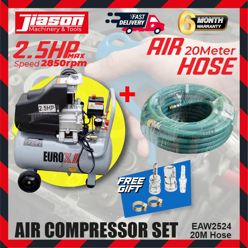 Air Compressor Set EUROX EAW2524 / EAX2524 24L 2.5HP Air Compressor 2850RPM + 8.5MM x 10M / 20M ...