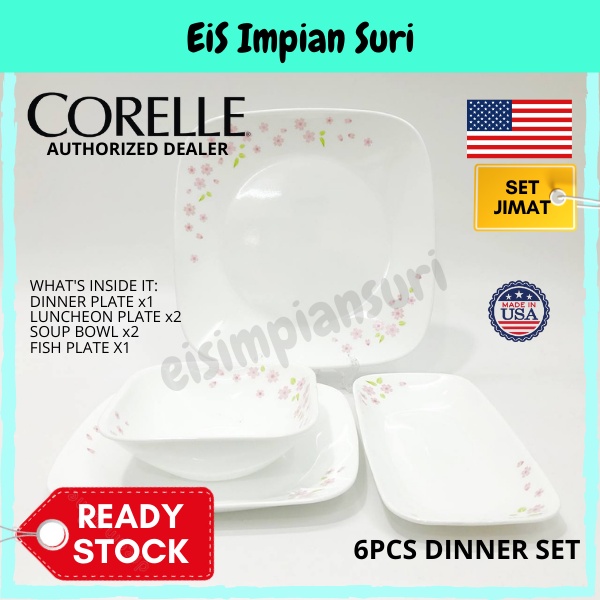 (Ready Stock!!) Corelle Sakura 6pc Set Square Dinnerware Set Jimat (6SQ ...