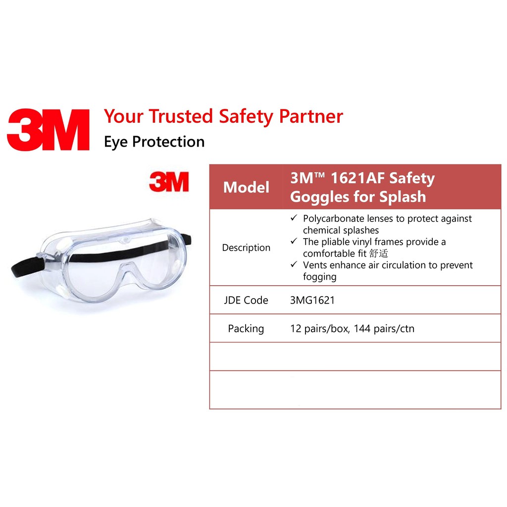 3M SAFETY GOGGLES FOR CHEMICAL SPLASH 3MG1621 | Shopee Malaysia