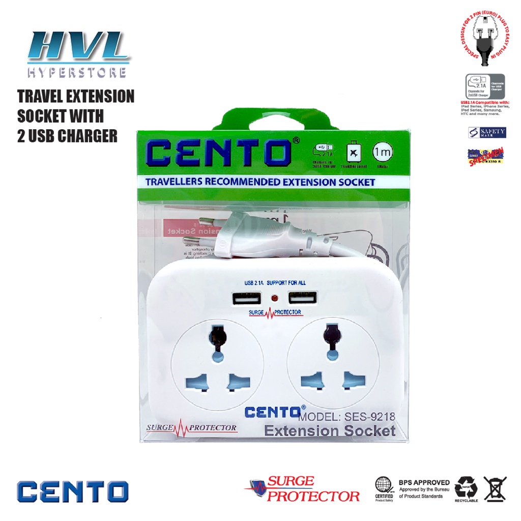 CENTO 2 WAY TRAVELER EXTENSION SOCKET WITH DUAL USB PORT 2.1A SES-9218 ...