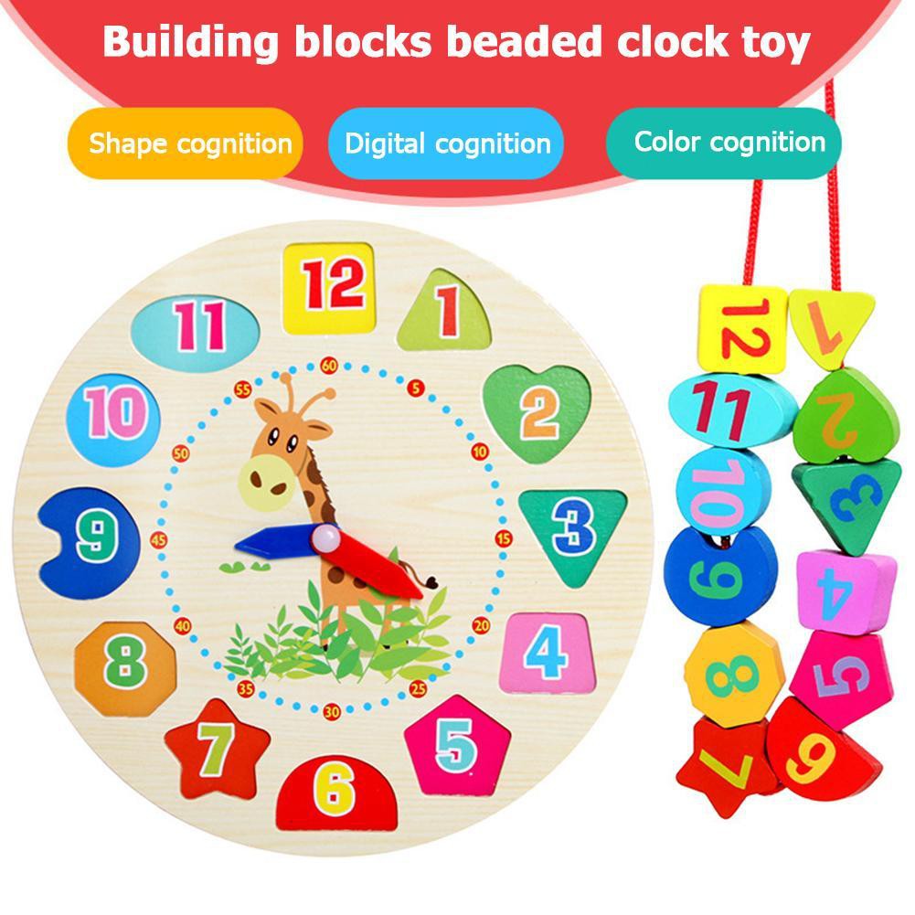 Wooden Clock Toy Shape Sorting Color Numbers Learning Beads Threading ...