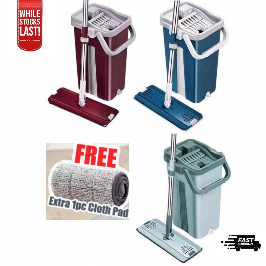 New Hands-free Squeeze Drag With Bucket & 2 Mop Pad Mop Set Mop Lantai ...
