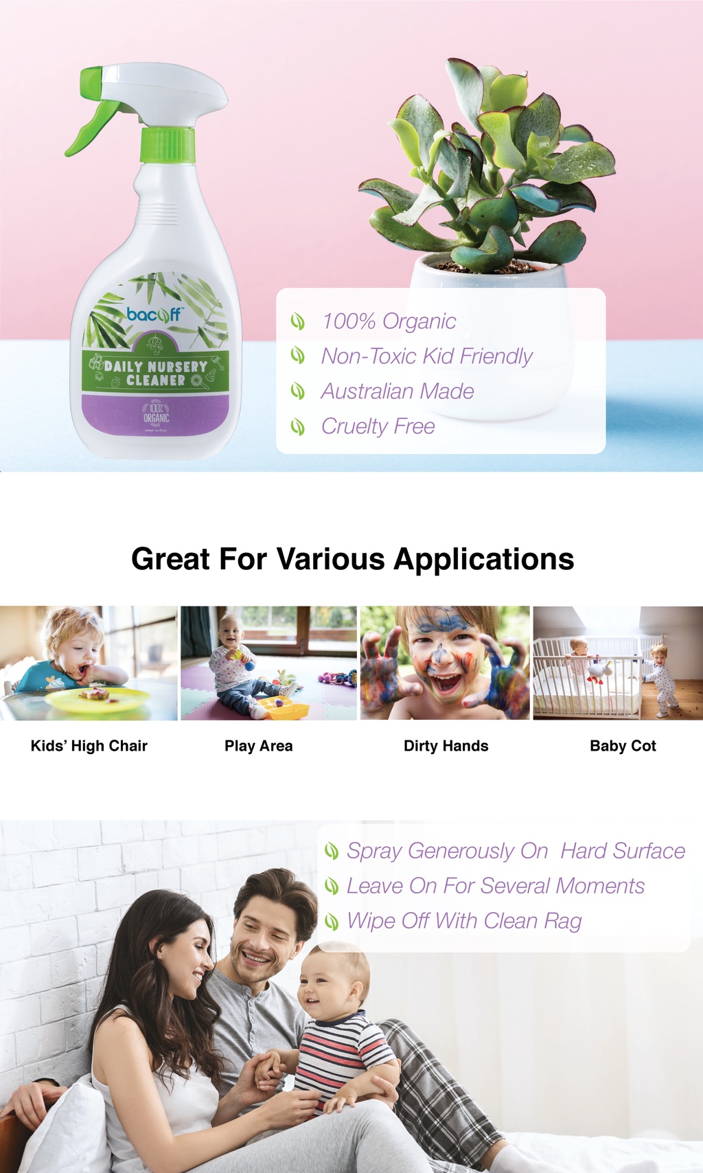 Bacoff Organic Daily Nursery Cleaner Alcohol Free (500ml) for Baby Play ...