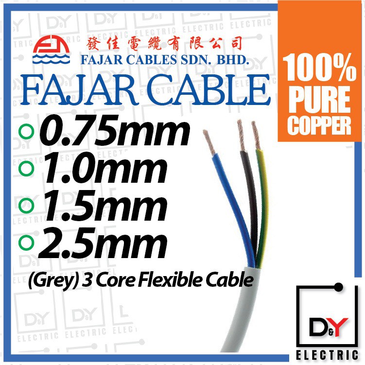 FAJAR 3 Core PVC Flexible Cable PER METER 100% Pure Copper 3core 0.75/1/1.5/2.5 mm | Shopee Malaysia