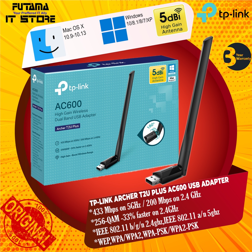 Tp-Link Archer T2U Plus AC600 High Gain Wireless Dual Band USB Adapter ...