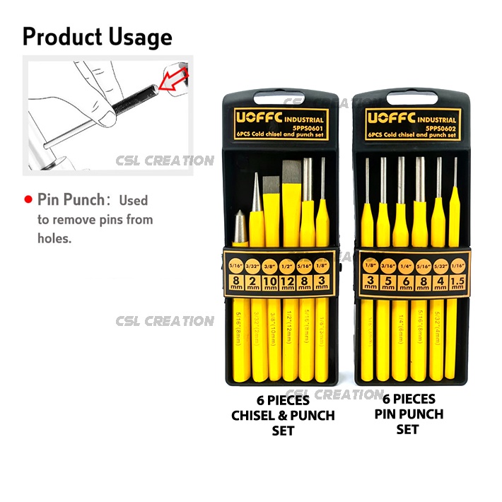 UOFFC 6PCS PIN PUNCH SET AND COLD CHISEL SET CENTER PUNCH COLD CHISEL ...