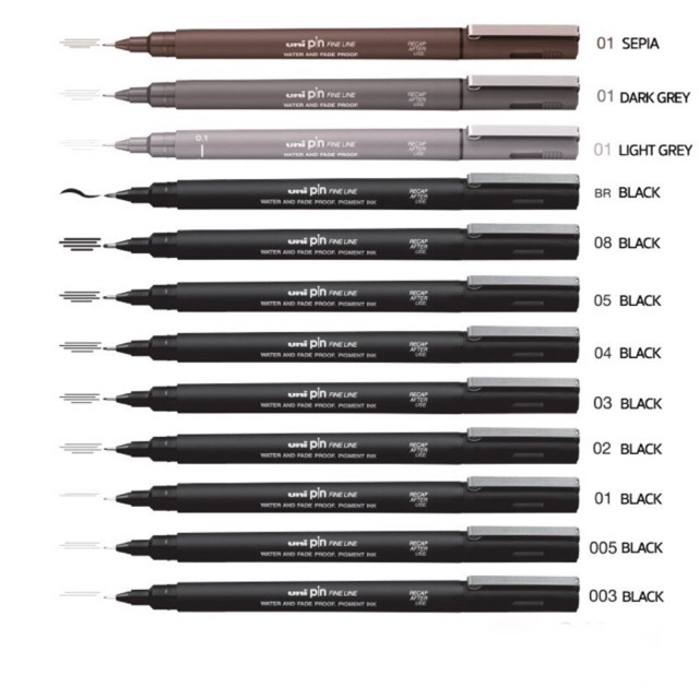 Uni pin fine line/brush I Felt Tip Pen In Black/Blue/Brown/Gray. And ...