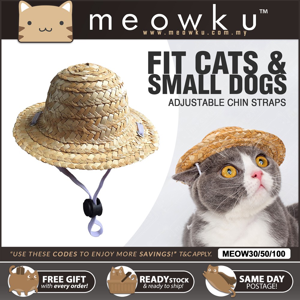 READY STOCK 🐱 Cat Straw Summer Hat Adjustable (Pet Dog Topi Pekebun ...