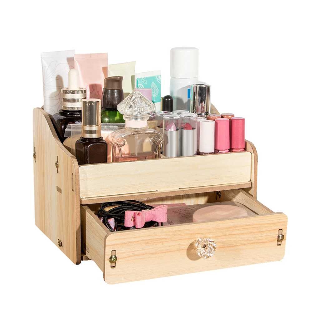 Wooden Makeup Storage Box Organizer Holder Container with Drawer--Light ...
