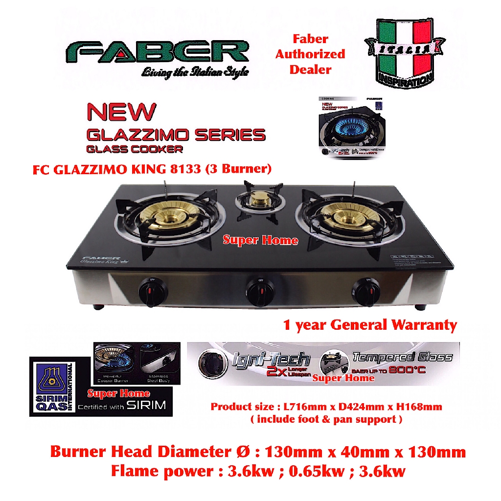 Faber Gas Cooker FC GLAZZIMO KING 8133 High Body Design Tempered Glass ...