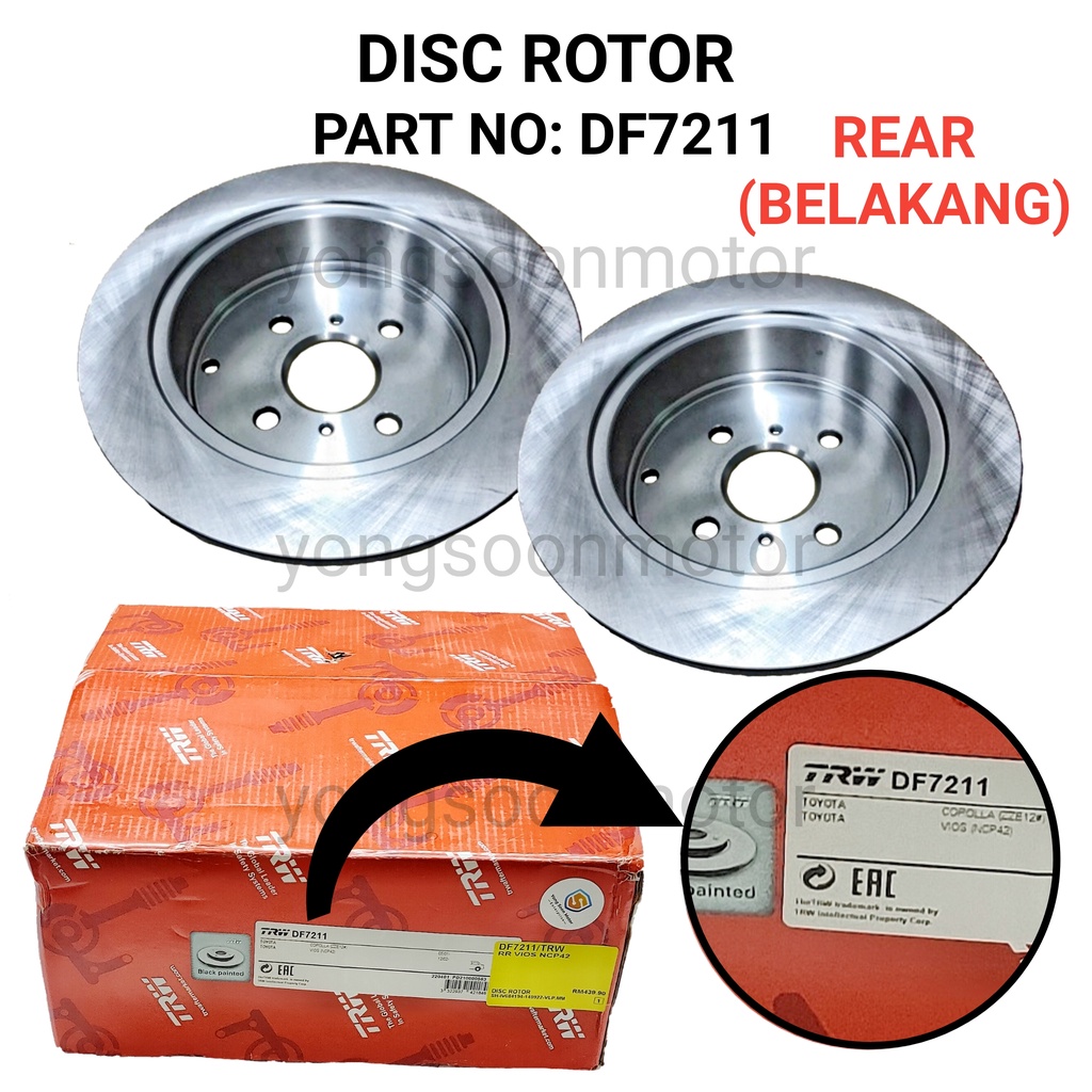 ORIGINAL TRW DISC ROTOR REAR DF7211 TOYOTA VIOS NCP42,ALTIS ZZE122 ...