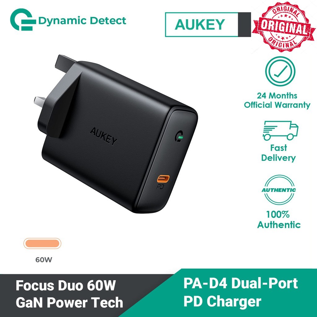 Original Aukey PA-D4 Focus 60W USB-C Power Delivery Charger with GaN Power Tech | Shopee Malaysia