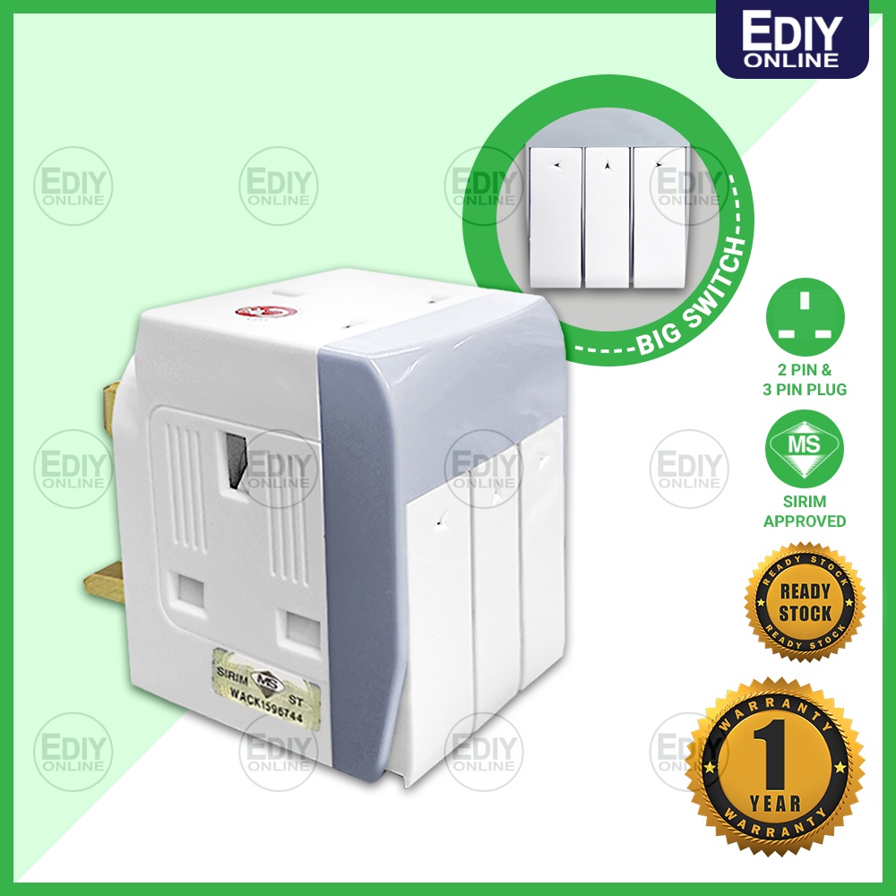 SIRIM 3 WAY ADAPTOR ADAPTER ADAPORT WITH SWITCH USB SOCKET OUTLET PLUG ...