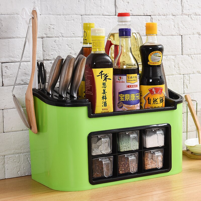 Kitchen Six Grid Condiments Seasoning Rack Organizer With Spoons Rak ...