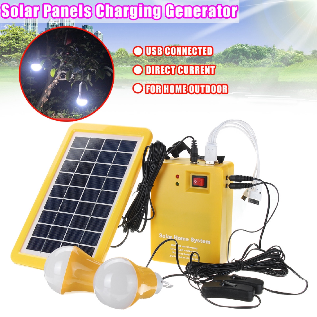 Solar Panel Generator Kit USB Charger Home System with 2 LED Bulbs ...