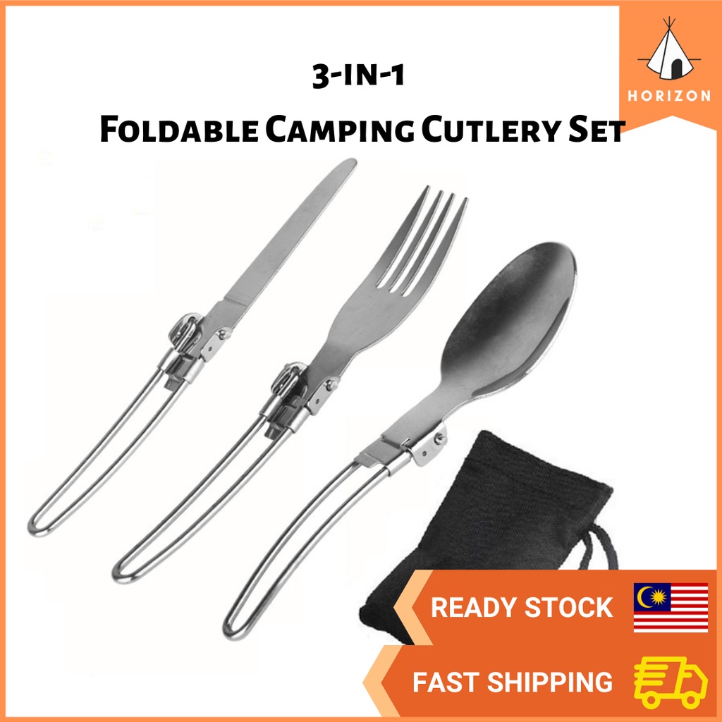Stainless Steel 3-in-1 Foldable Cutlery Set Camping Picnic Hiking ...