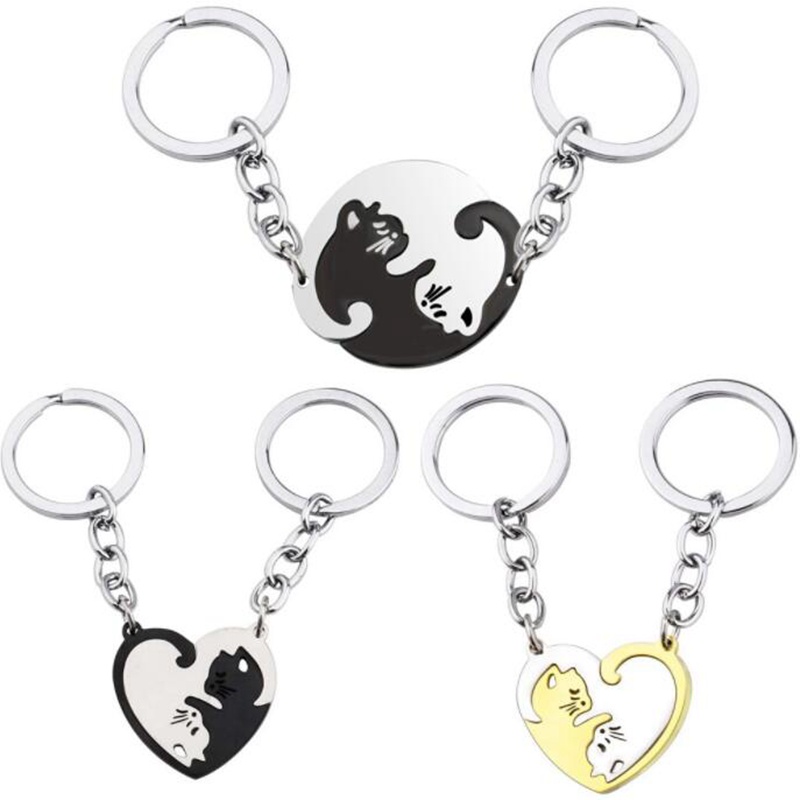2Pcs/Set Yin Yang Couple Cats Keychains Love Heart Round Stainless ...