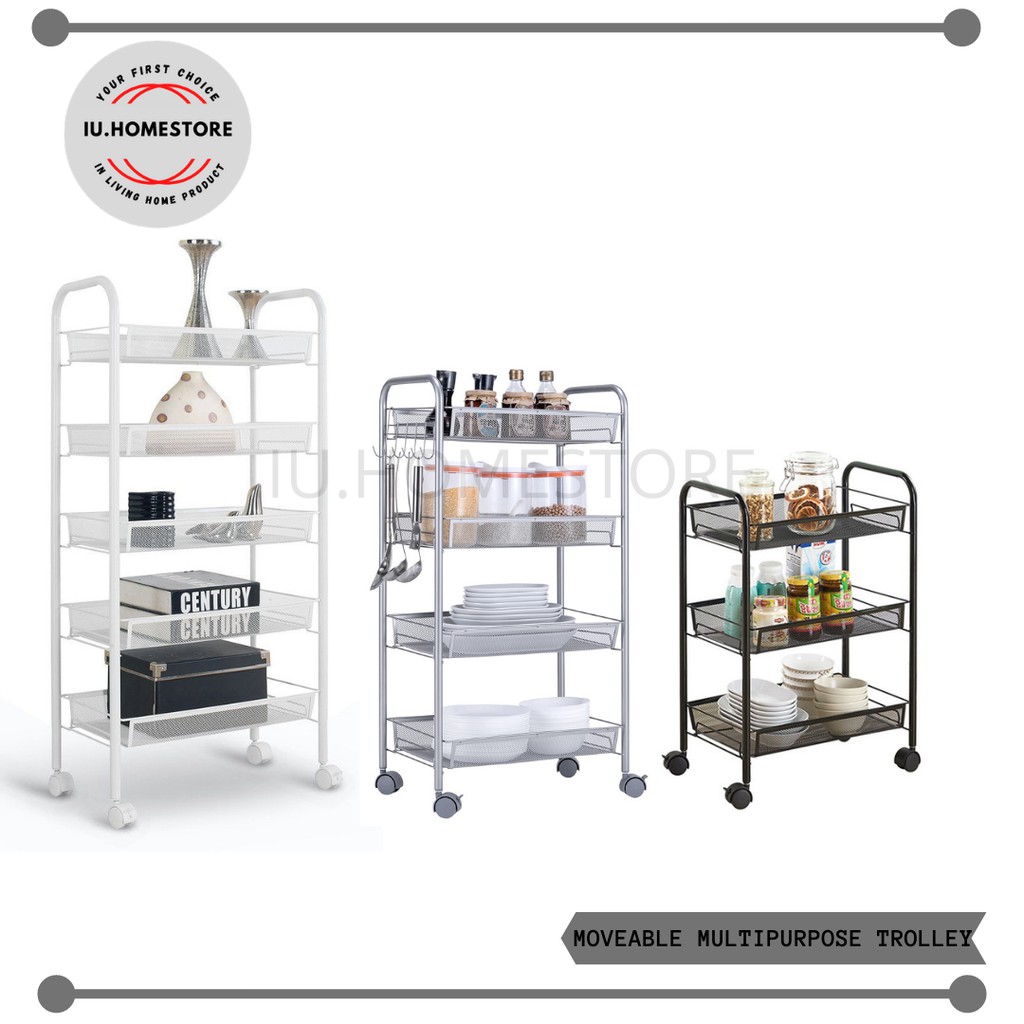 Movable Metal Mesh Shelving Rack Trolley (3/4/5 Tiers) | Shopee Malaysia