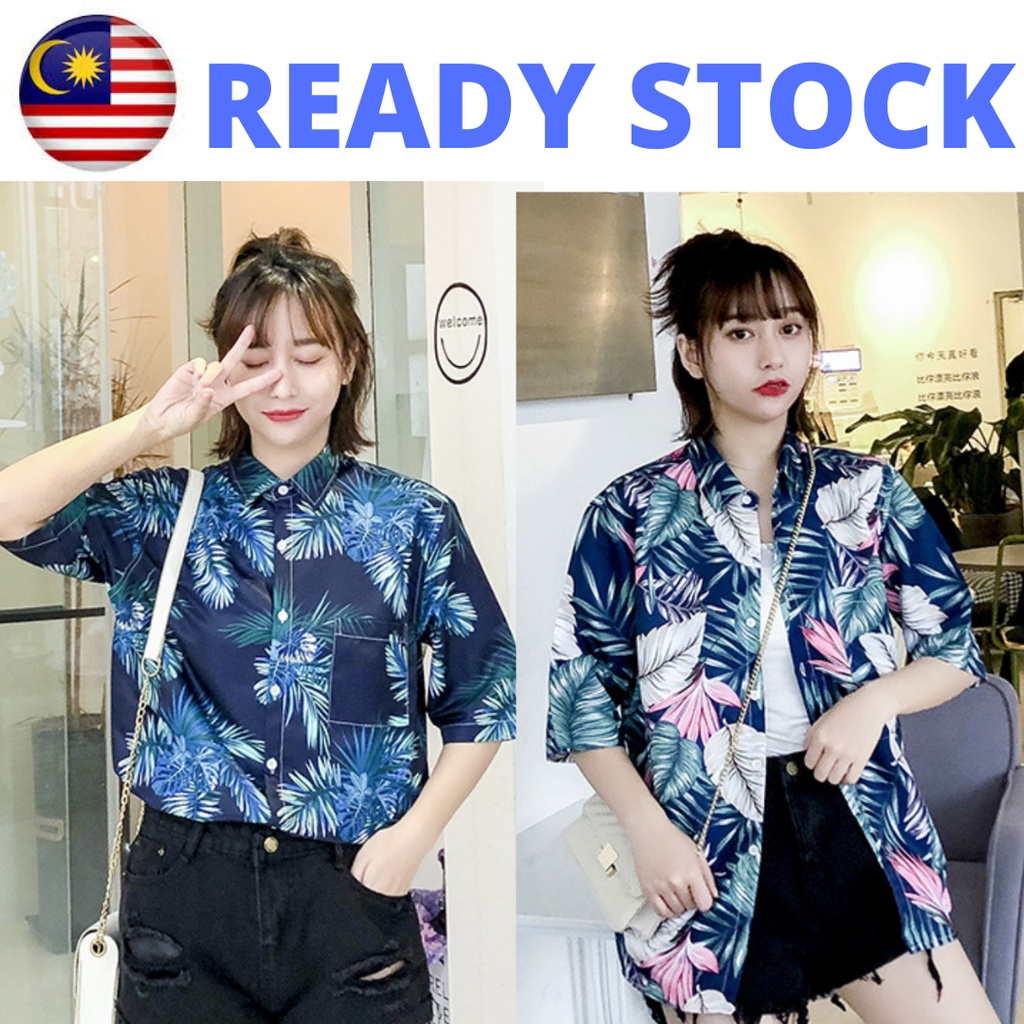 Women Hawaiian Shirt bunga pantai retro longgar baju lengan pendek kot ...