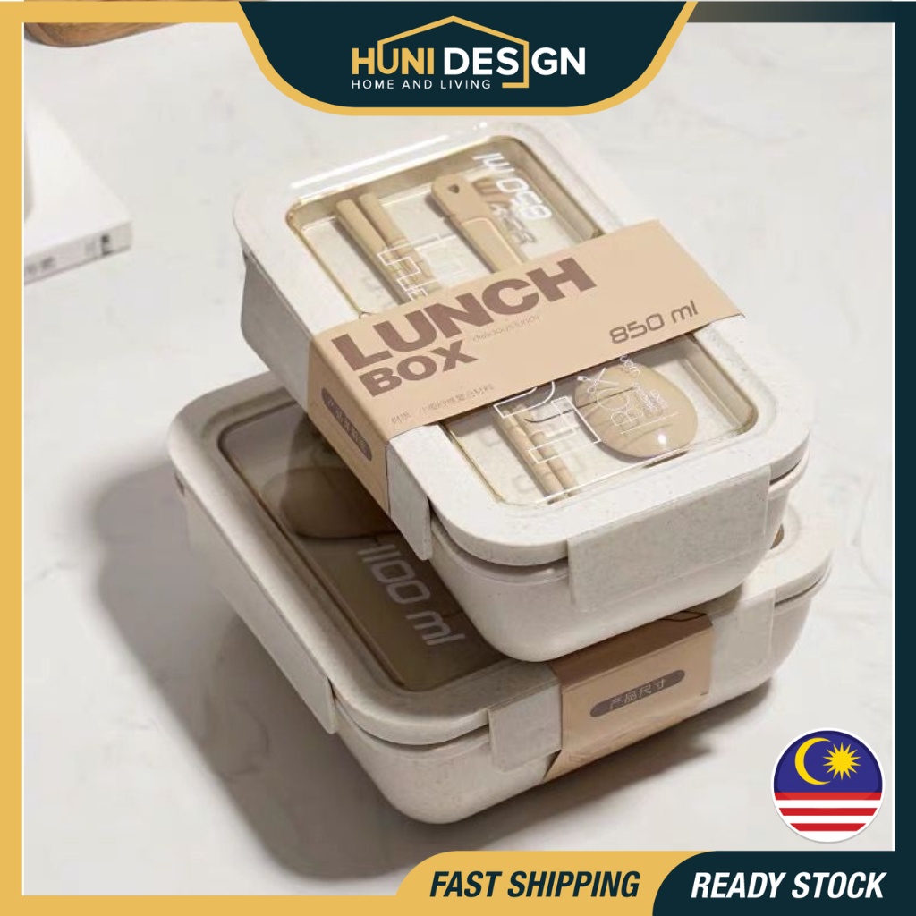 HUNI Microwave safe bento lunch box with lid, chopsticks & spoon Kotak ...