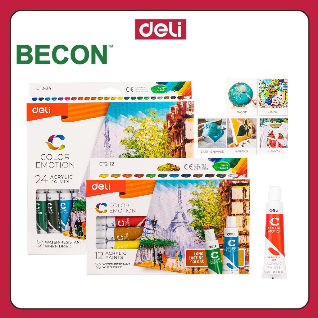 Deli Color Emotion Acrylic Paints 12 /24 Colours EC12-12/24 - 12ml/tube ...