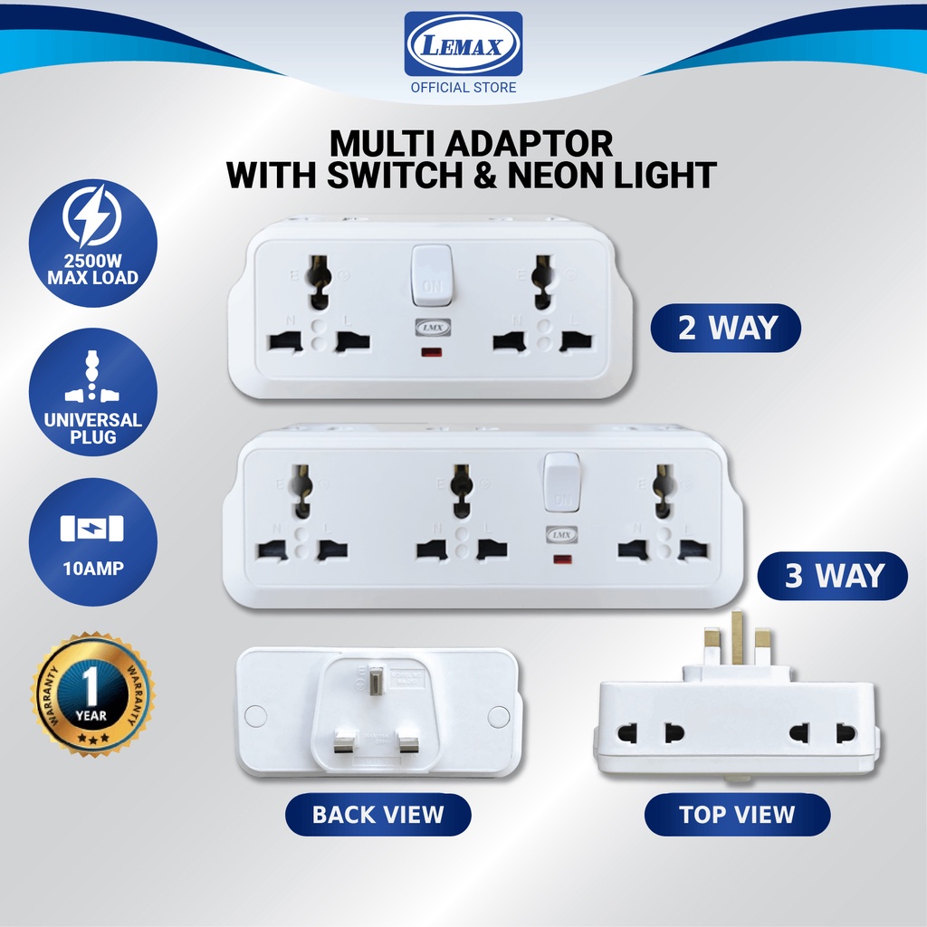 LMX 2 & 3 Socket Multi Adaptor with Switch & Neon Light 13A 3 Pin ... LMX 2 & 3 Socket Multi Adaptor with Switch & Neon Light 13A 3 Pin ...