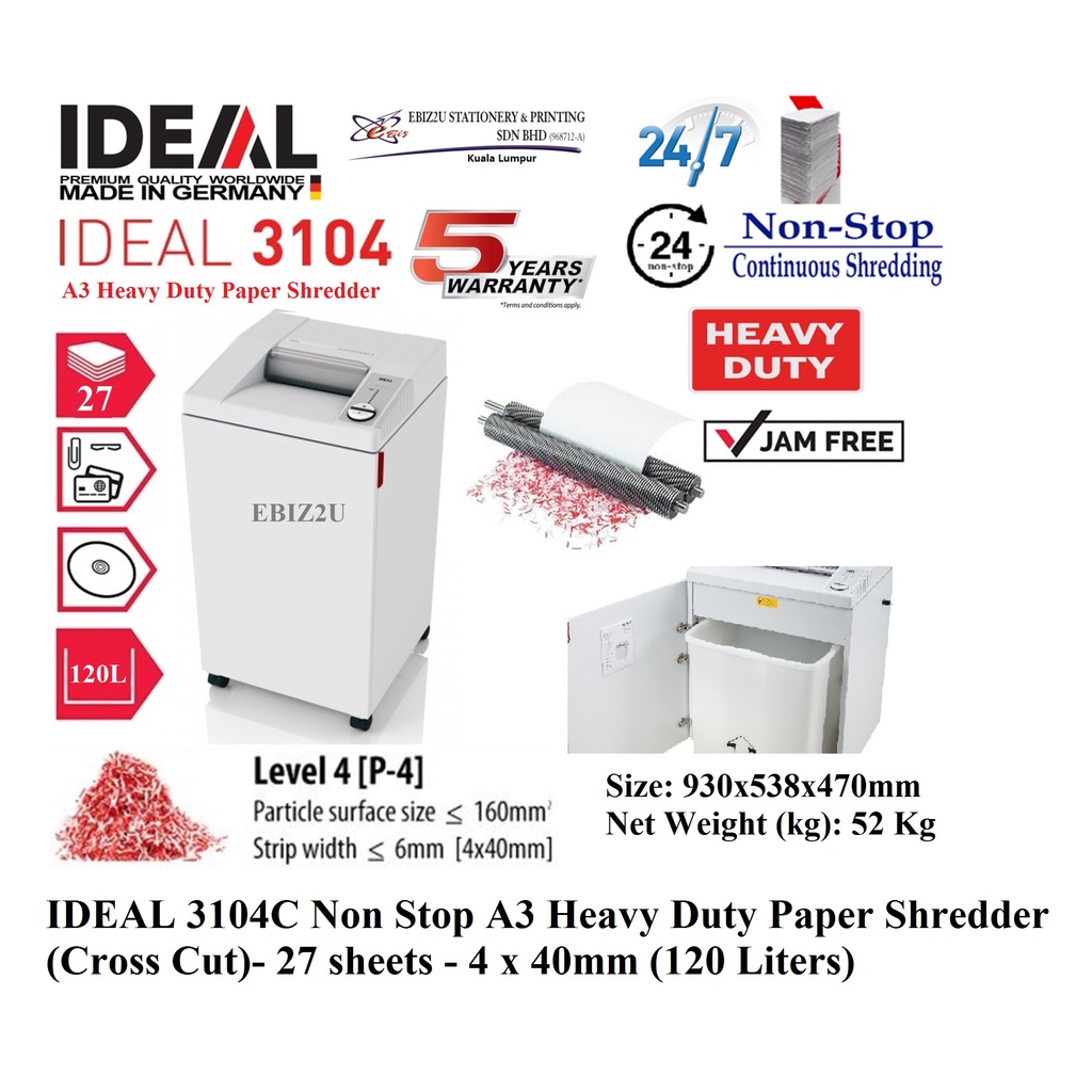 IDEAL 3104 C 4 x 40mm Non Stop A3 Heavy Duty Paper Shredder (Cross Cut)- 27 sheets 120 Liters ...